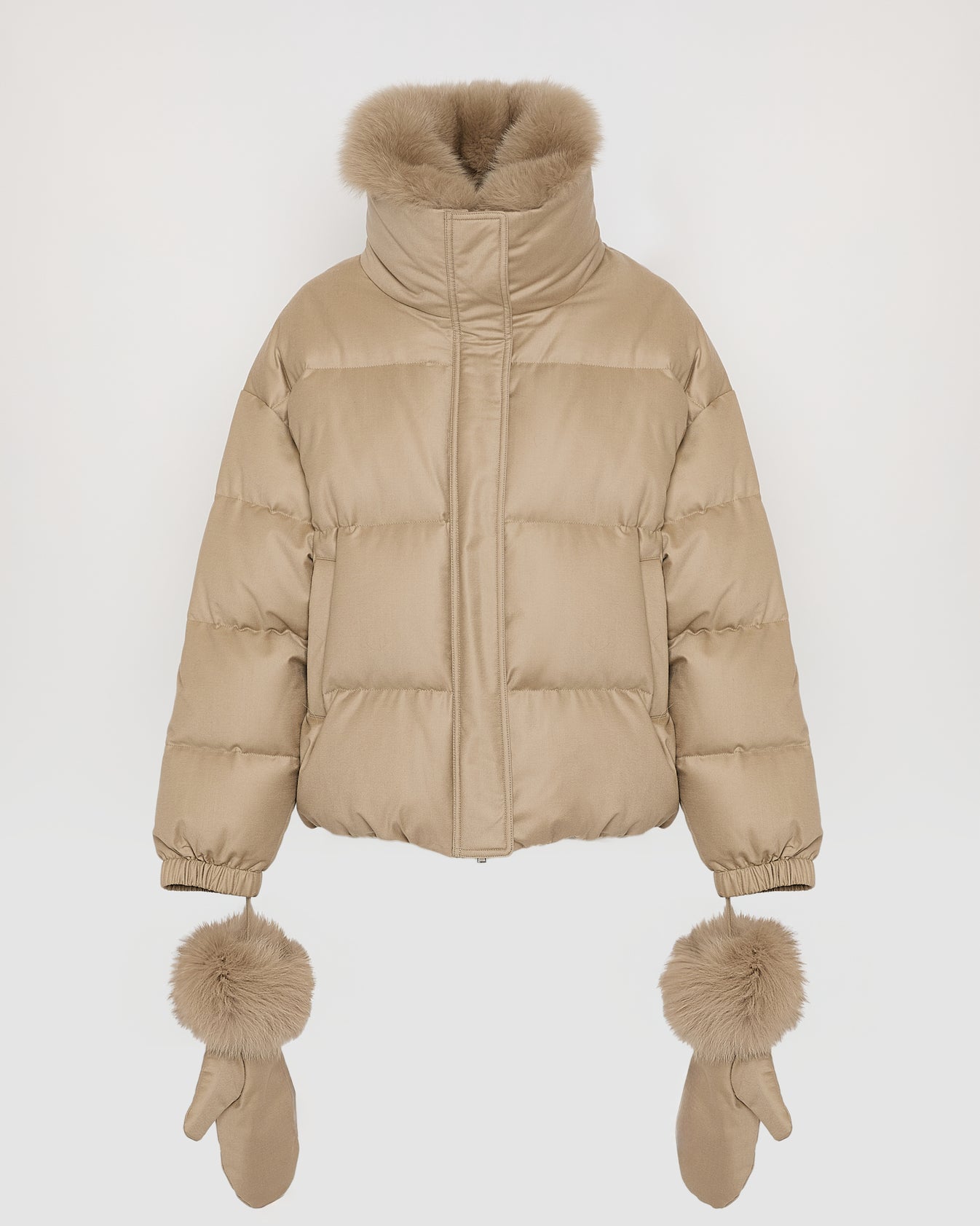 Short down jacket with detachable fox fur collar and mittens – Yves Salomon